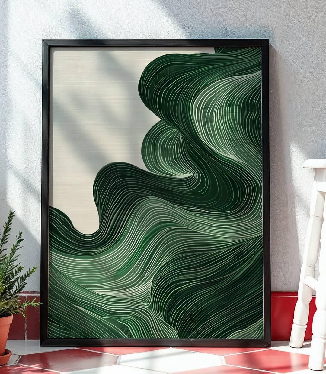 Dark Green Abstract Wall Art, Wavy Lines Nature Poster, Emerald Green ...