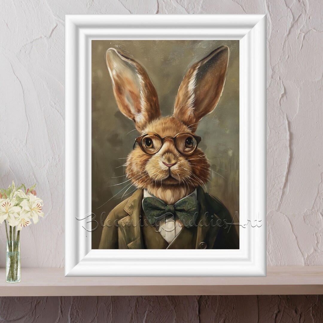Bunny in Glasses, Scholar Cute Animal, Rabbit Vintage Portrait ...