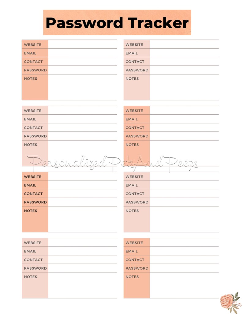 4 Peach Rose Password Tracker Printable Set, Password Book, Website ...