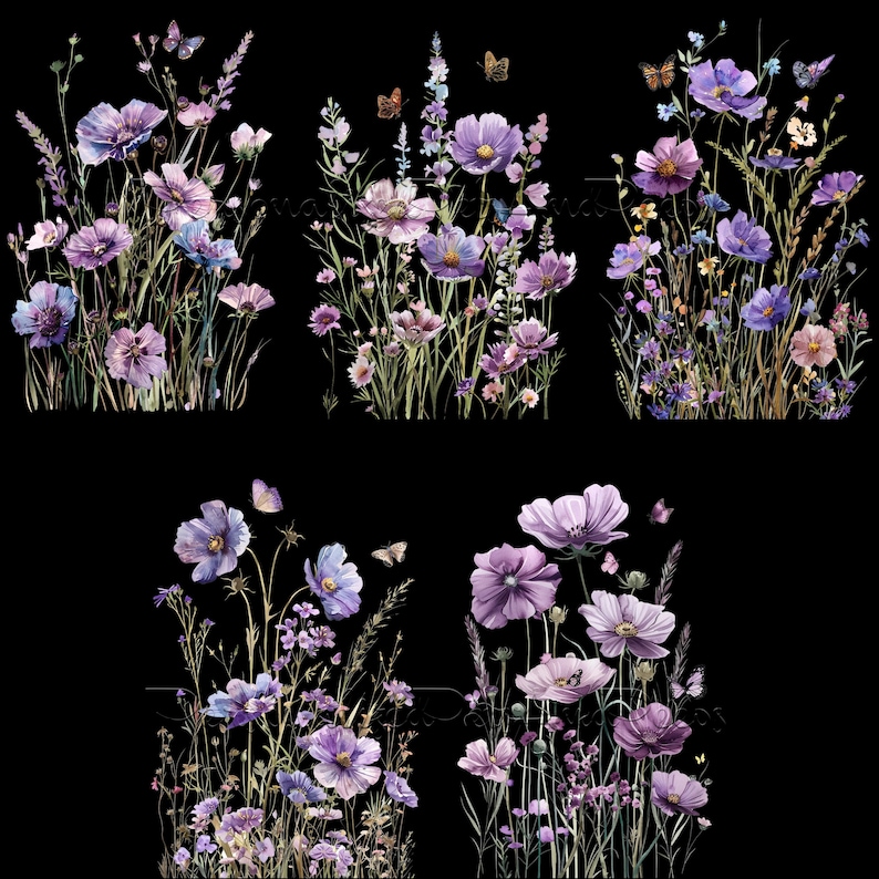 20 Purple Wildflower Png Bundle, Watercolor Spring Flower, Meadow ...