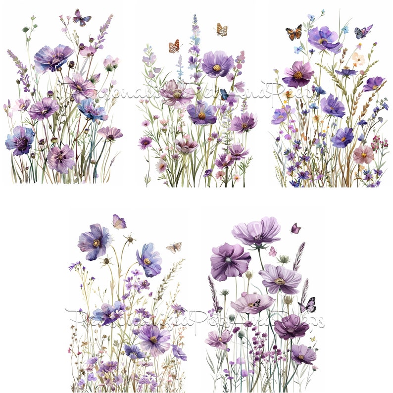 20 Purple Wildflower Png Bundle, Watercolor Spring Flower, Meadow ...