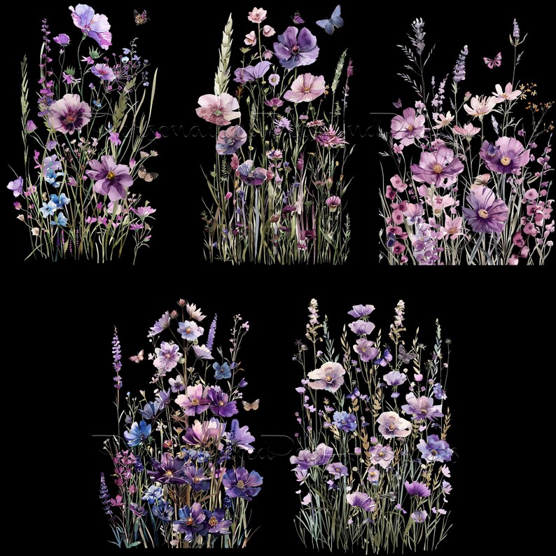 20 Purple Wildflower Png Bundle, Watercolor Spring Flower, Meadow ...