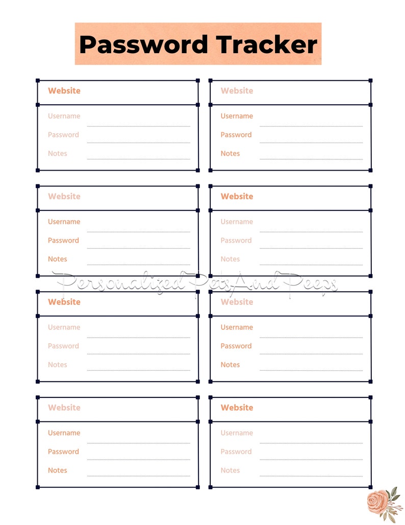 4 Peach Rose Password Tracker Printable Set, Password Book, Website ...