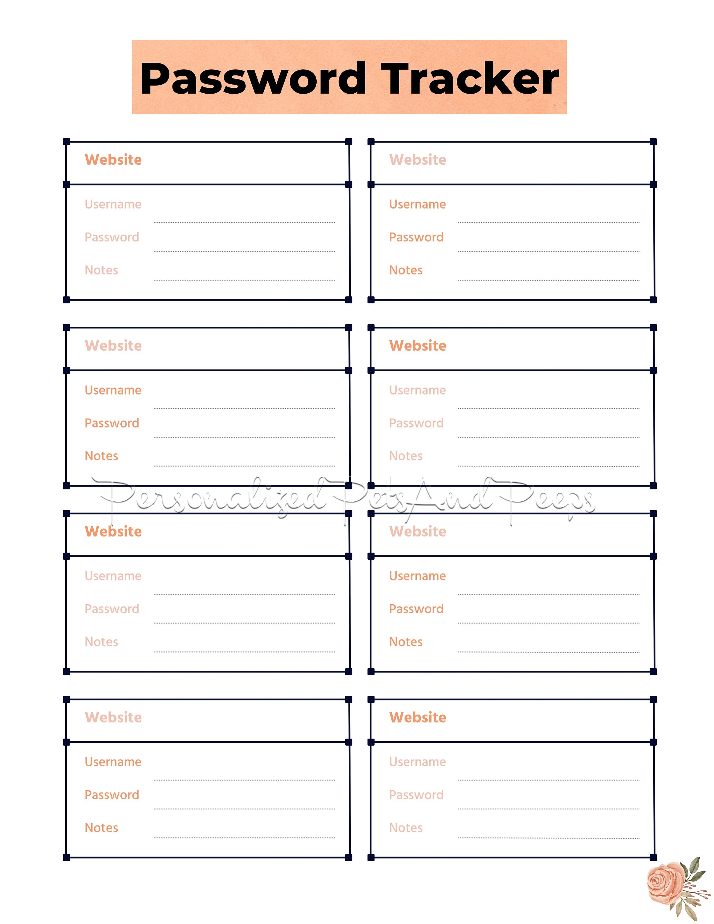 4 Peach Rose Password Tracker Printable Set, Password Book, Website ...