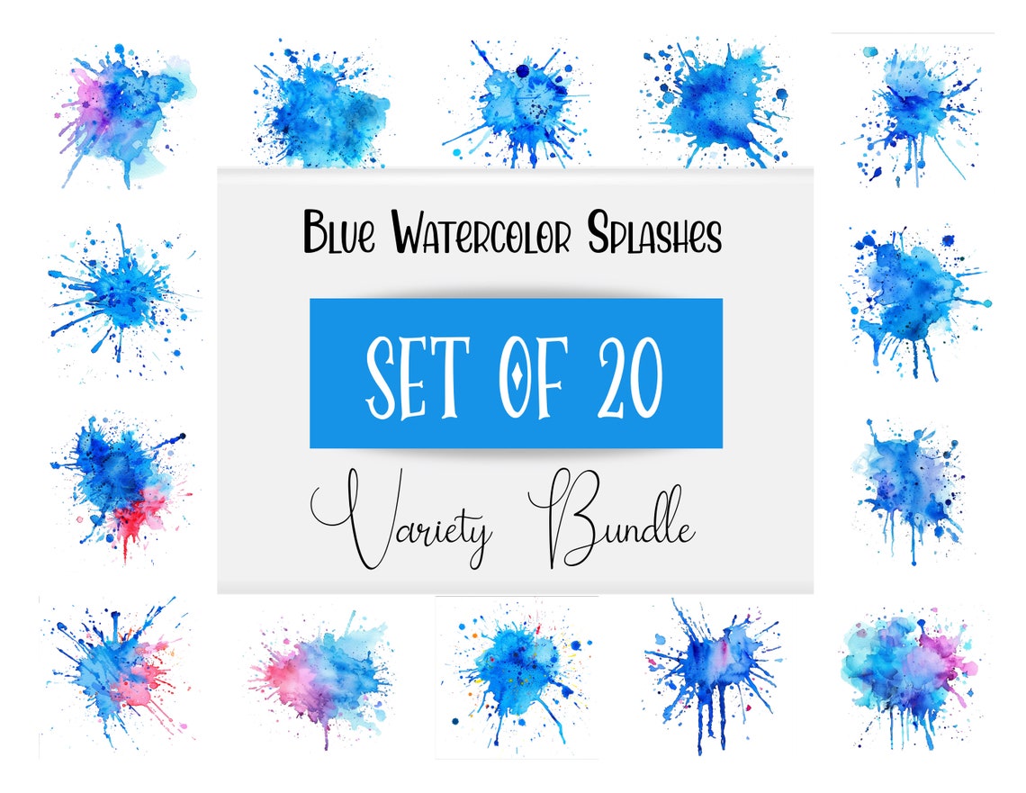 Watercolor Splatter Clip Art Set of 20, Blue Watercolor Splashes ...