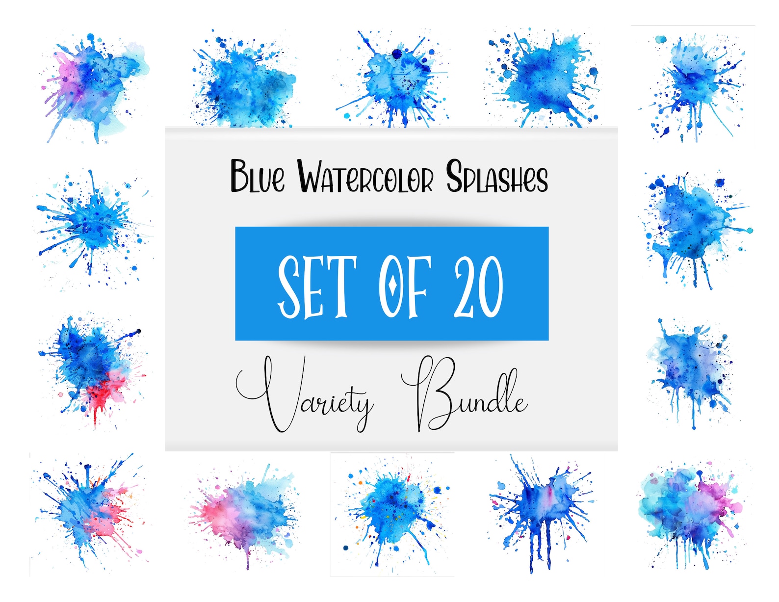 Watercolor Splatter Clip Art Set of 20, Blue Watercolor Splashes ...