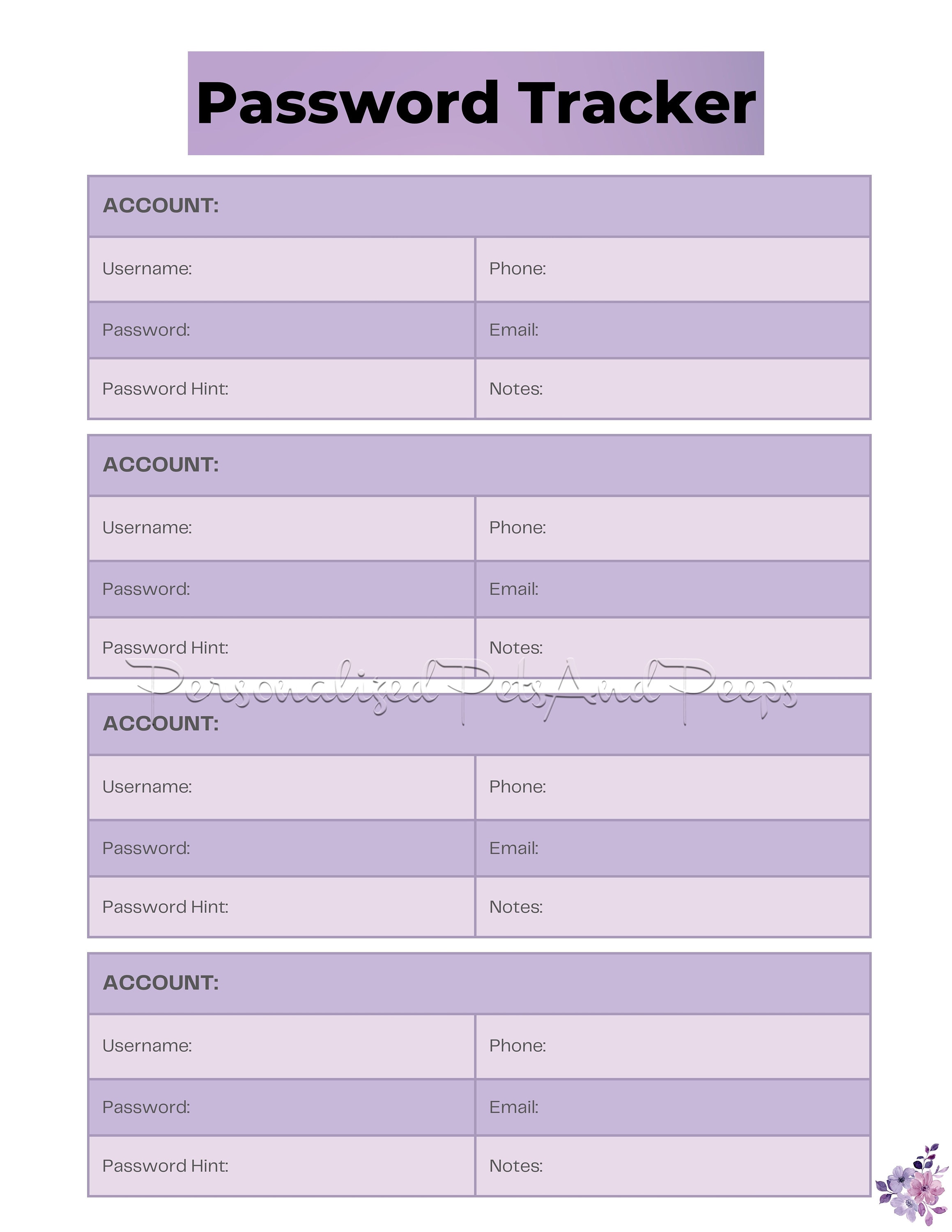 Purple Wildflower Password Tracker Printable PDF Set of 4, Instant ...