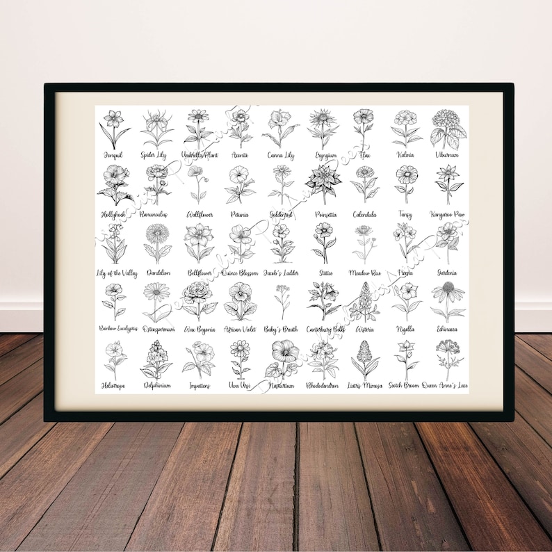 45 Single Flowers With Names Clipart Bundle, Flower Sketch, Floral PNG ...