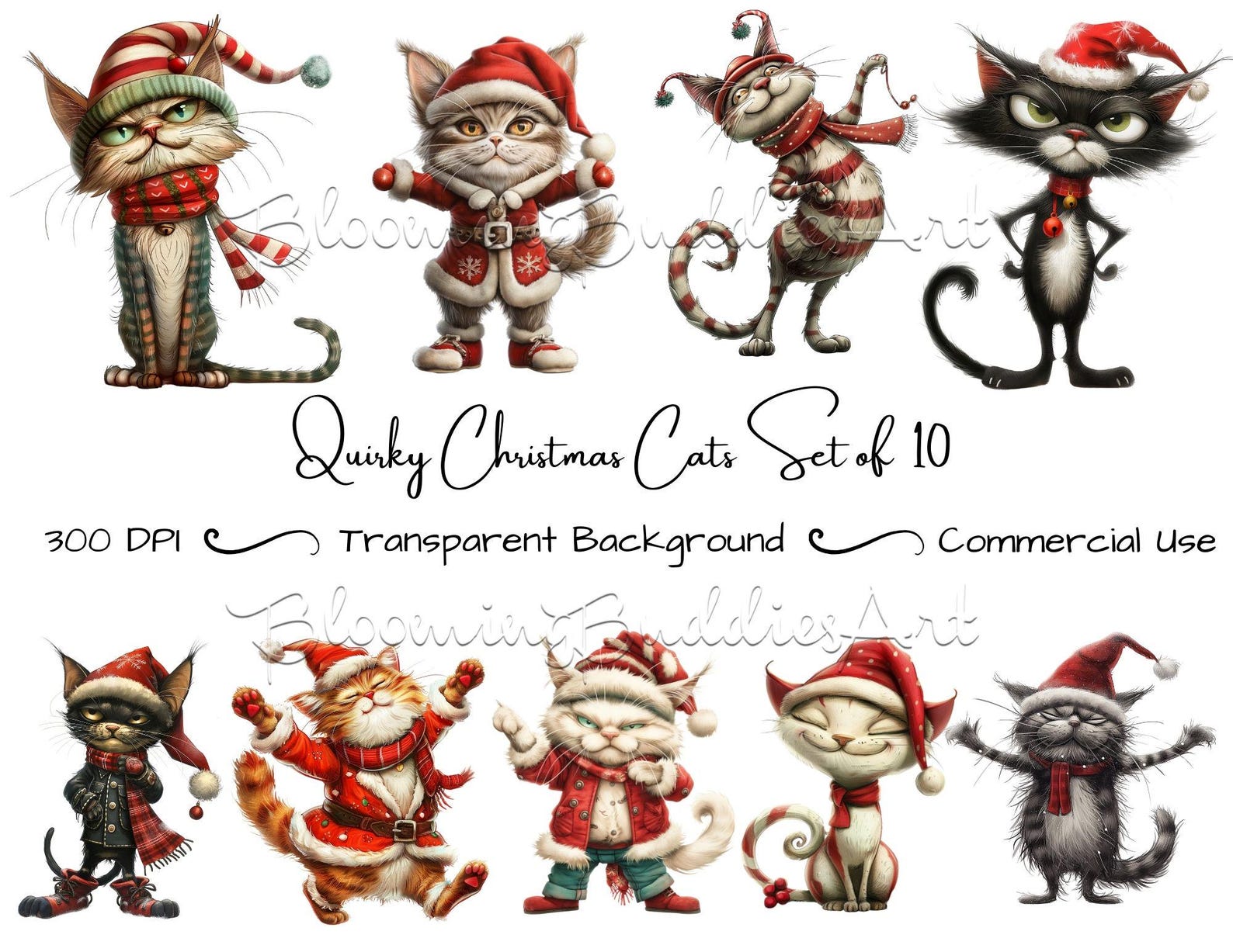 10 Quirky Christmas Cats Clipart Bundle, Silly Cat PNG, Holiday ...