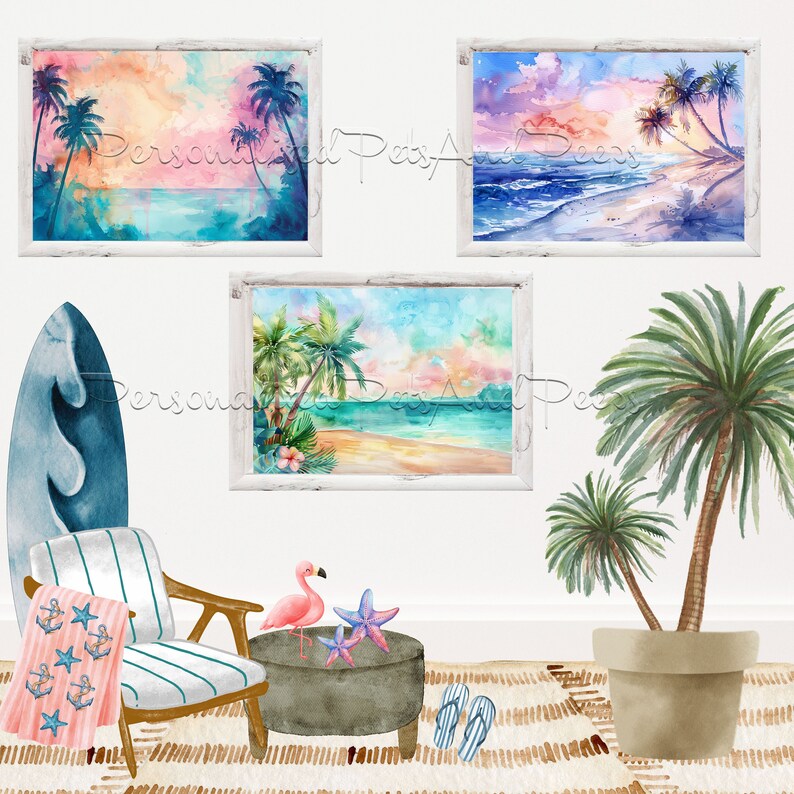 Watercolor Tropical Scene Printable Portraits Bundle, Palm Tree Posters ...