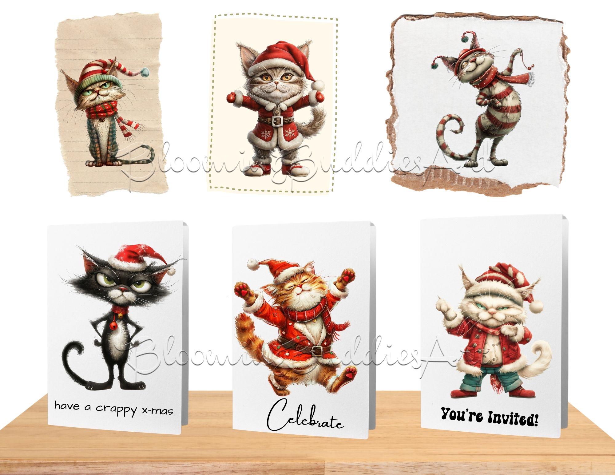 10 Quirky Christmas Cats Clipart Bundle, Silly Cat PNG, Holiday ...