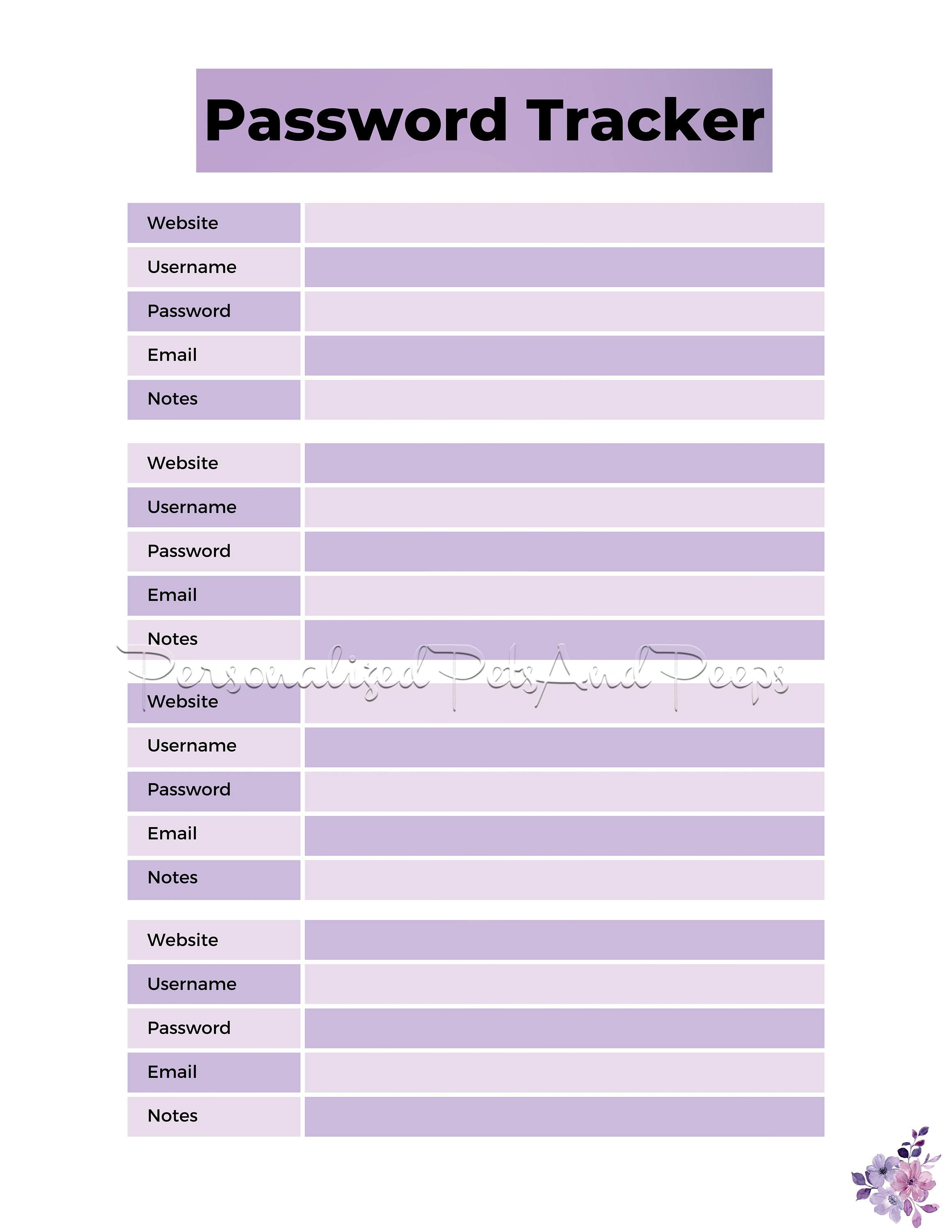Purple Wildflower Password Tracker Printable PDF Set of 4, Instant ...