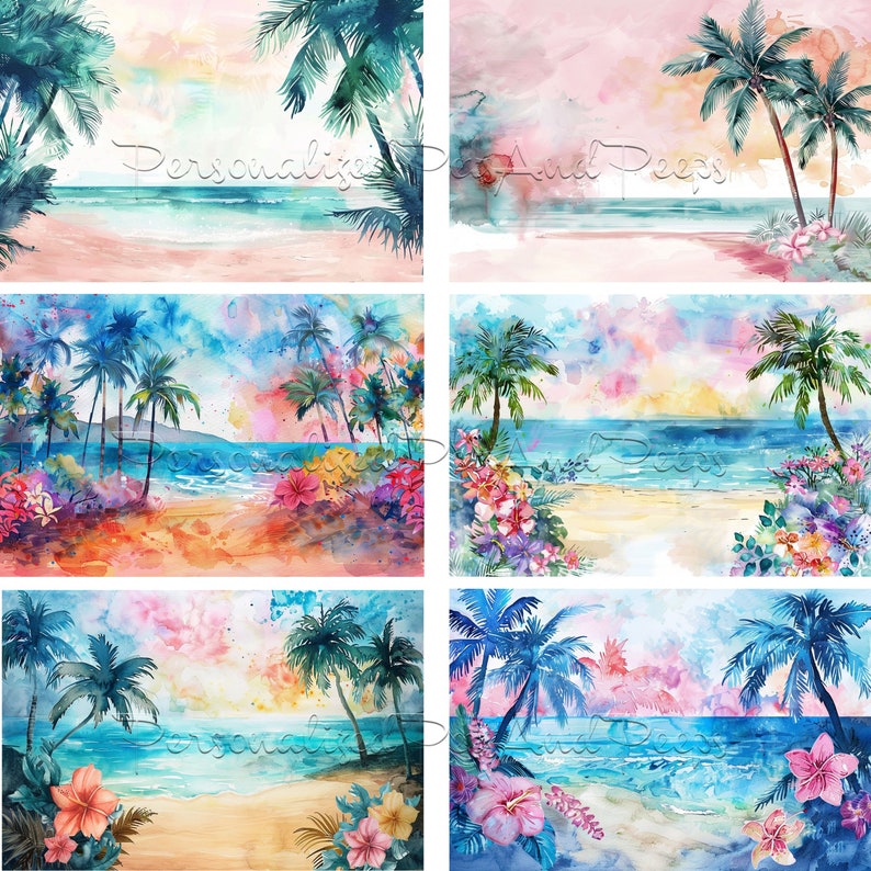 Watercolor Tropical Scene Printable Portraits Bundle, Palm Tree Posters ...