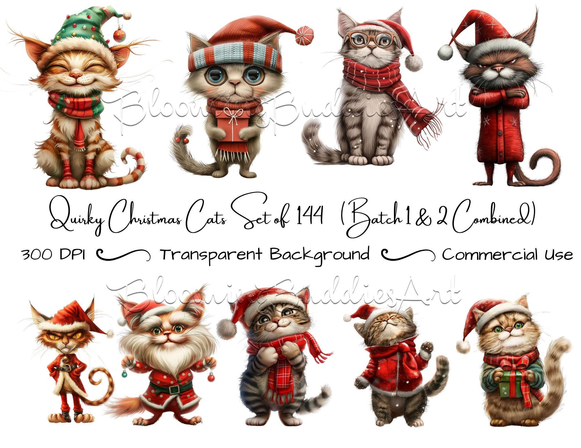 144 Quirky Christmas Cats Clipart Holiday PNG Bundle, Funny Cat ...