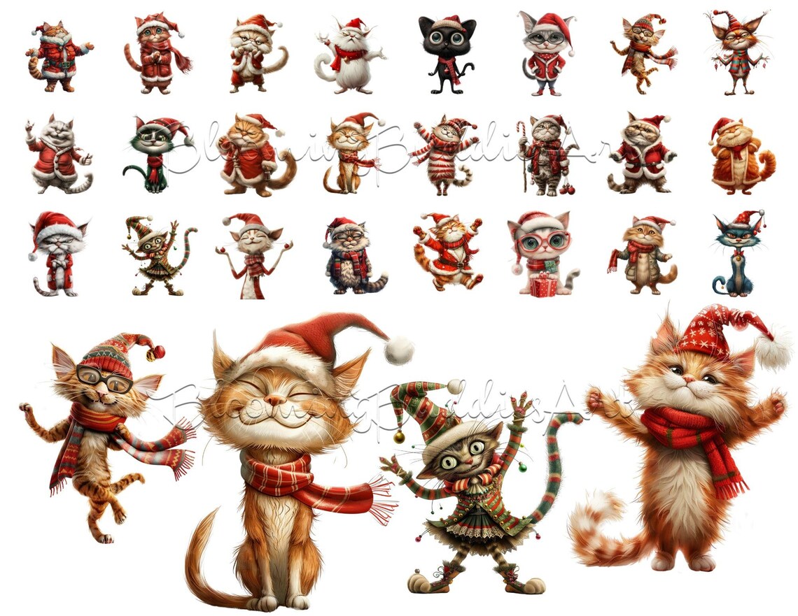 72 Quirky Christmas Cats Clipart Bundle, Quirky Kitten With Santa Hat ...