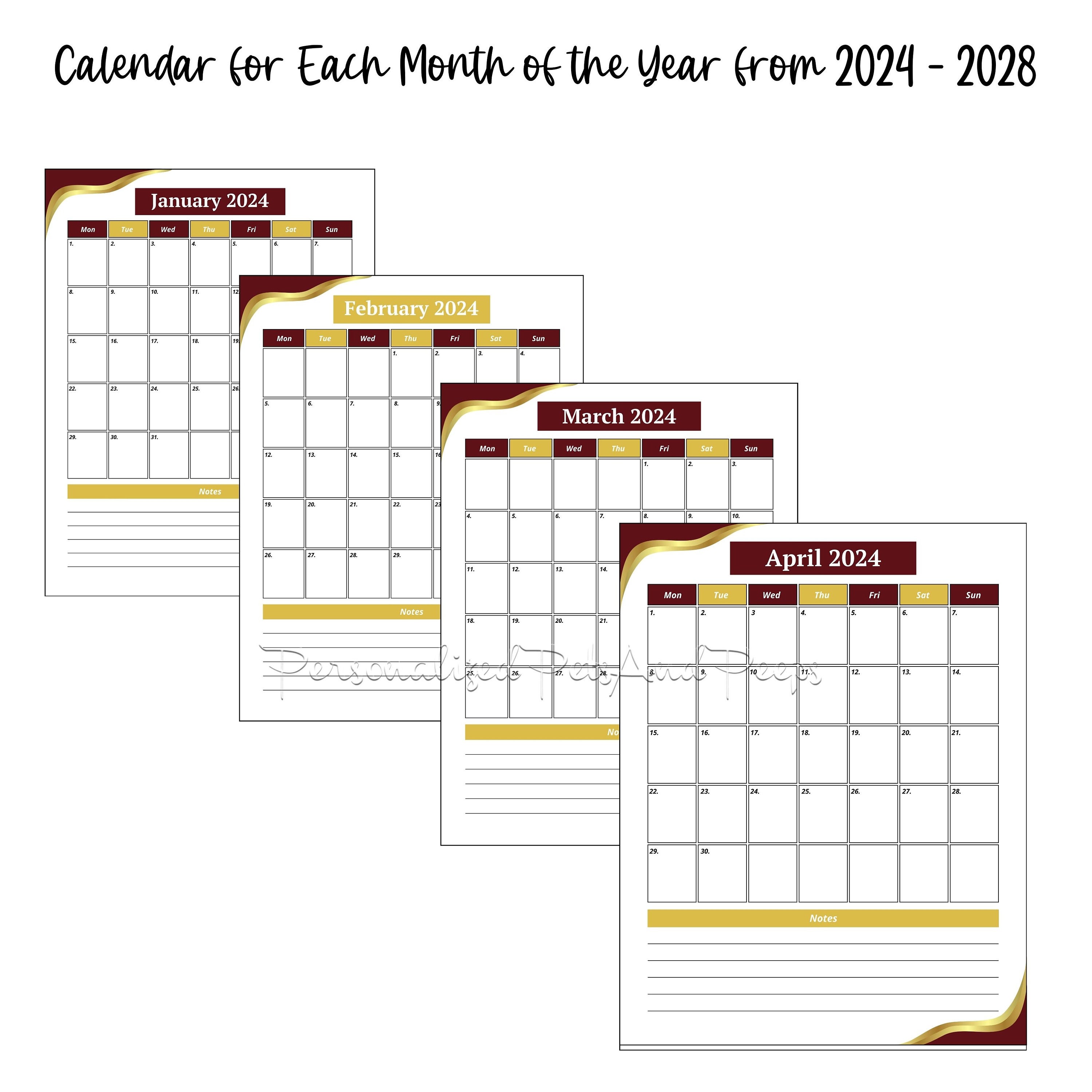 Red & Gold Monthly Planner Printable BUNDLE, Printable Calendar 2024 ...