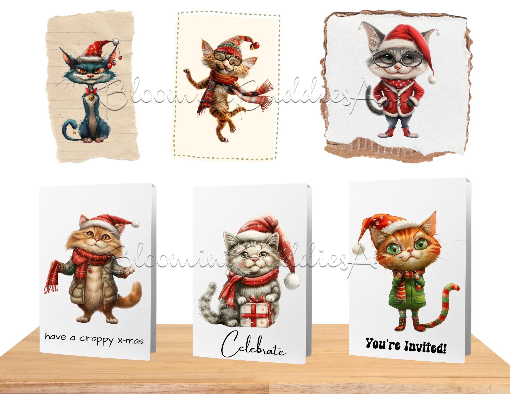 72 Quirky Christmas Cats Clipart Bundle, Quirky Kitten With Santa Hat ...