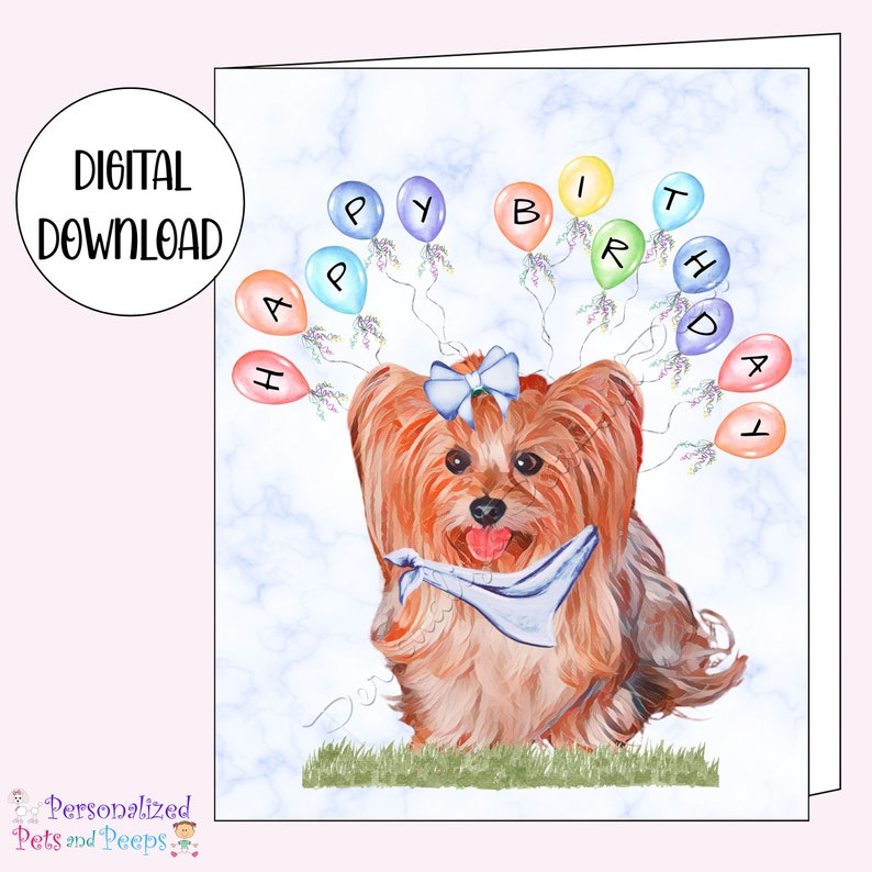 Cute Printable Yorkshire Terrier Happy Birthday Greeting Card, Instant ...
