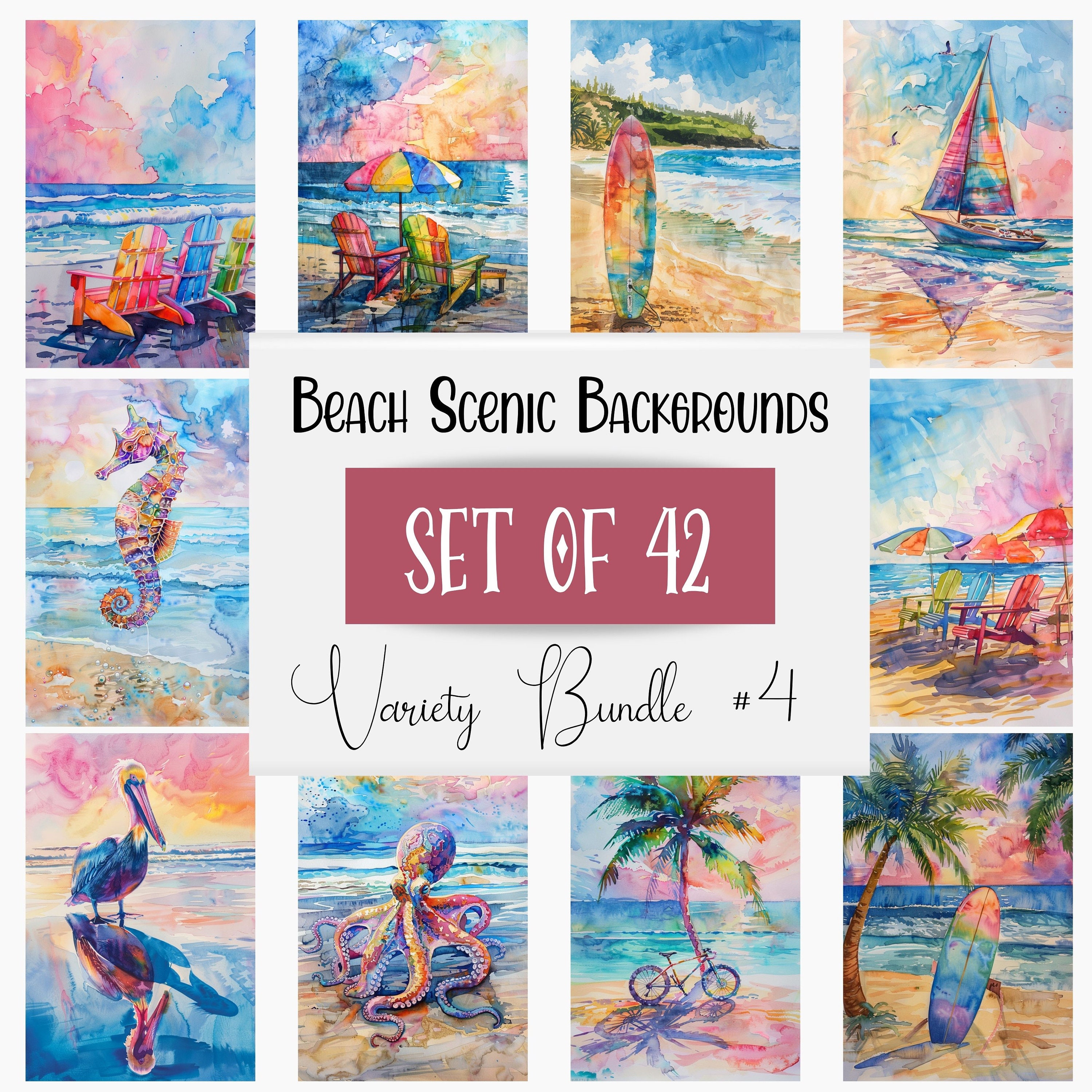 42 Beach Scenic Watercolor Printable Wall Art BUNDLE, Ocean Painting ...
