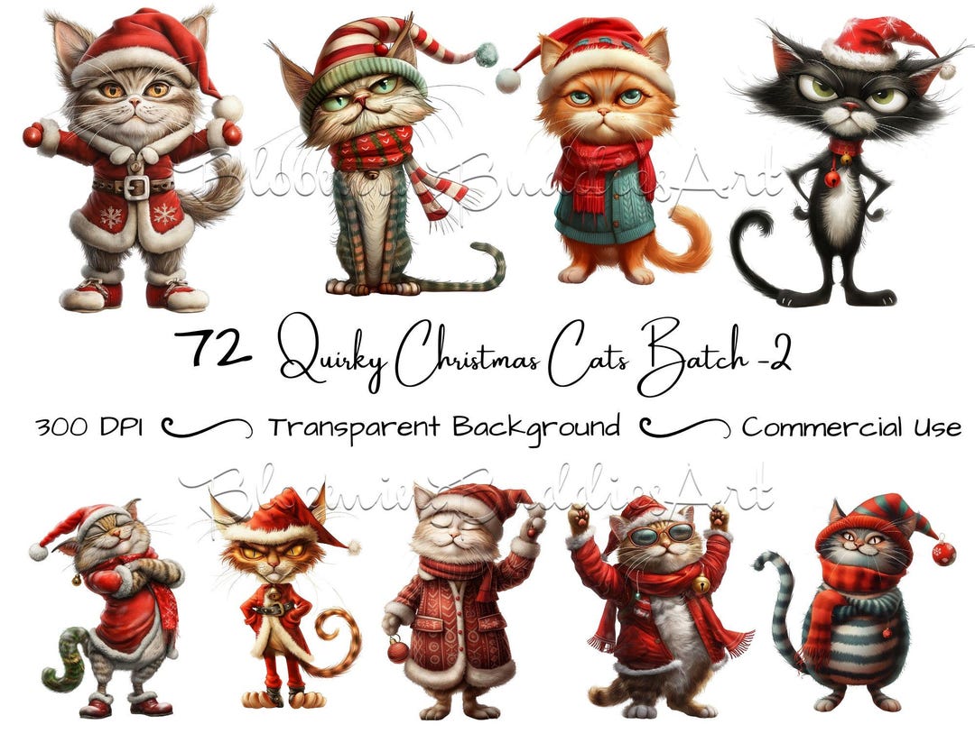 72 Quirky Christmas Cats Clipart Bundle, Funny Quirky Cats Clipart ...