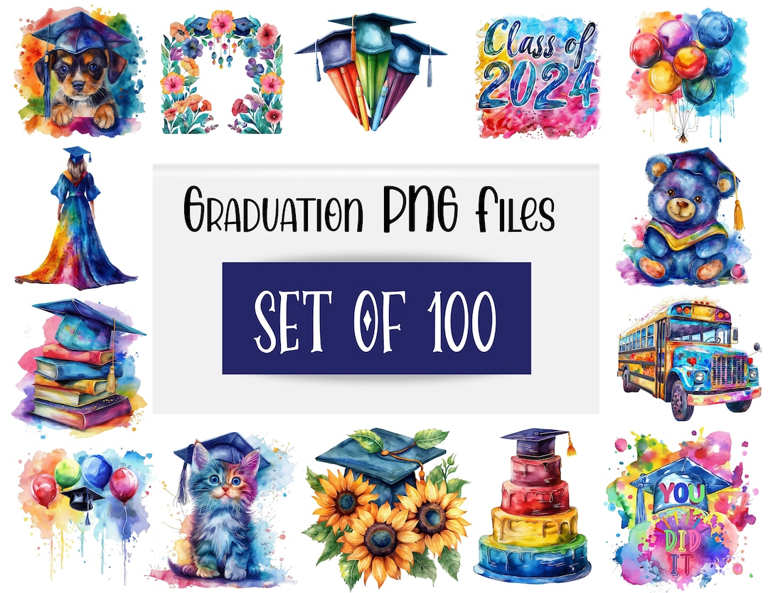 100 Watercolor Graduation Clipart PNG Bundle, Class of 2024, Graduation ...