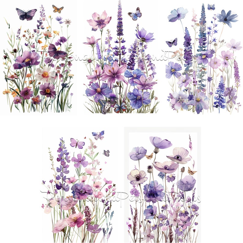 20 Purple Wildflower Png Bundle, Watercolor Spring Flower, Meadow ...