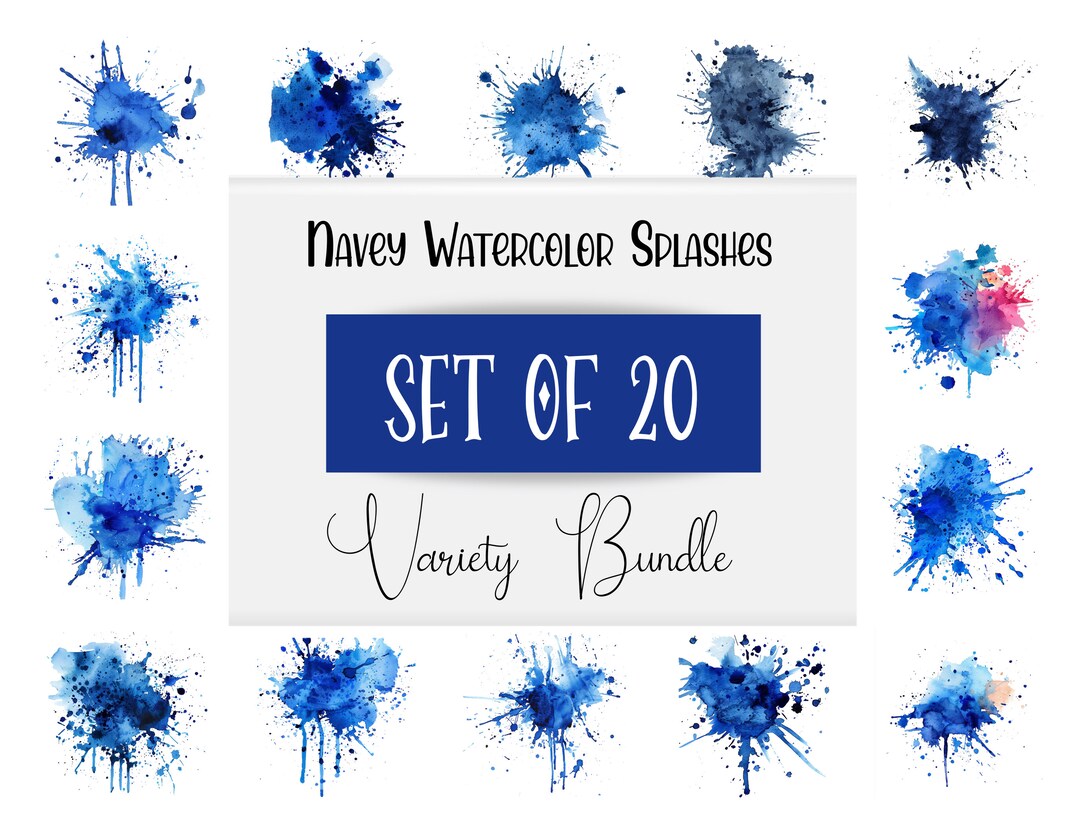 20 Navy Blue Watercolor Splashes, Splatter Clipart BUNDLE, Transparent ...