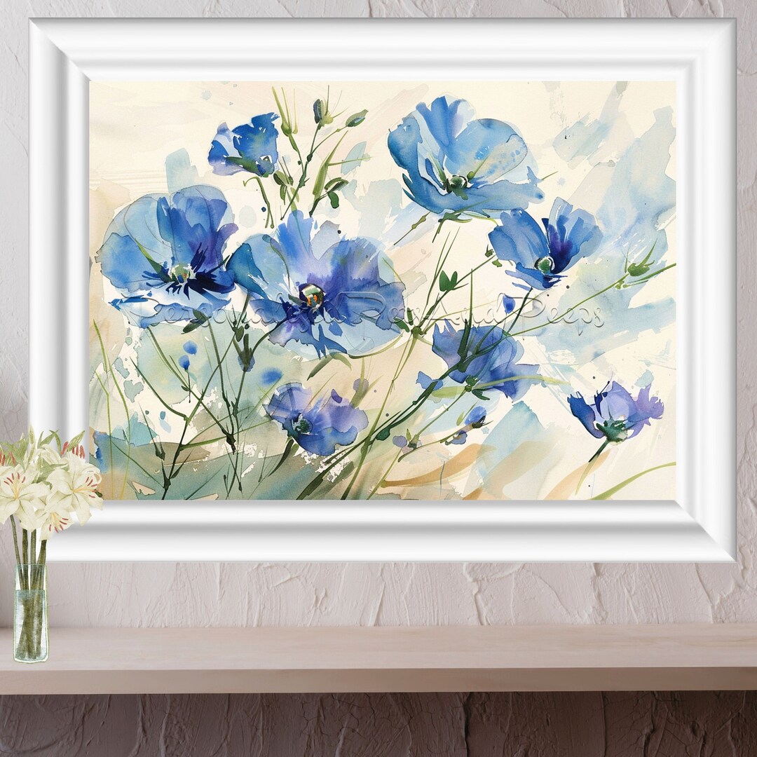 Watercolor Blue Floral Instant Download, Botanical Print Wall Art ...