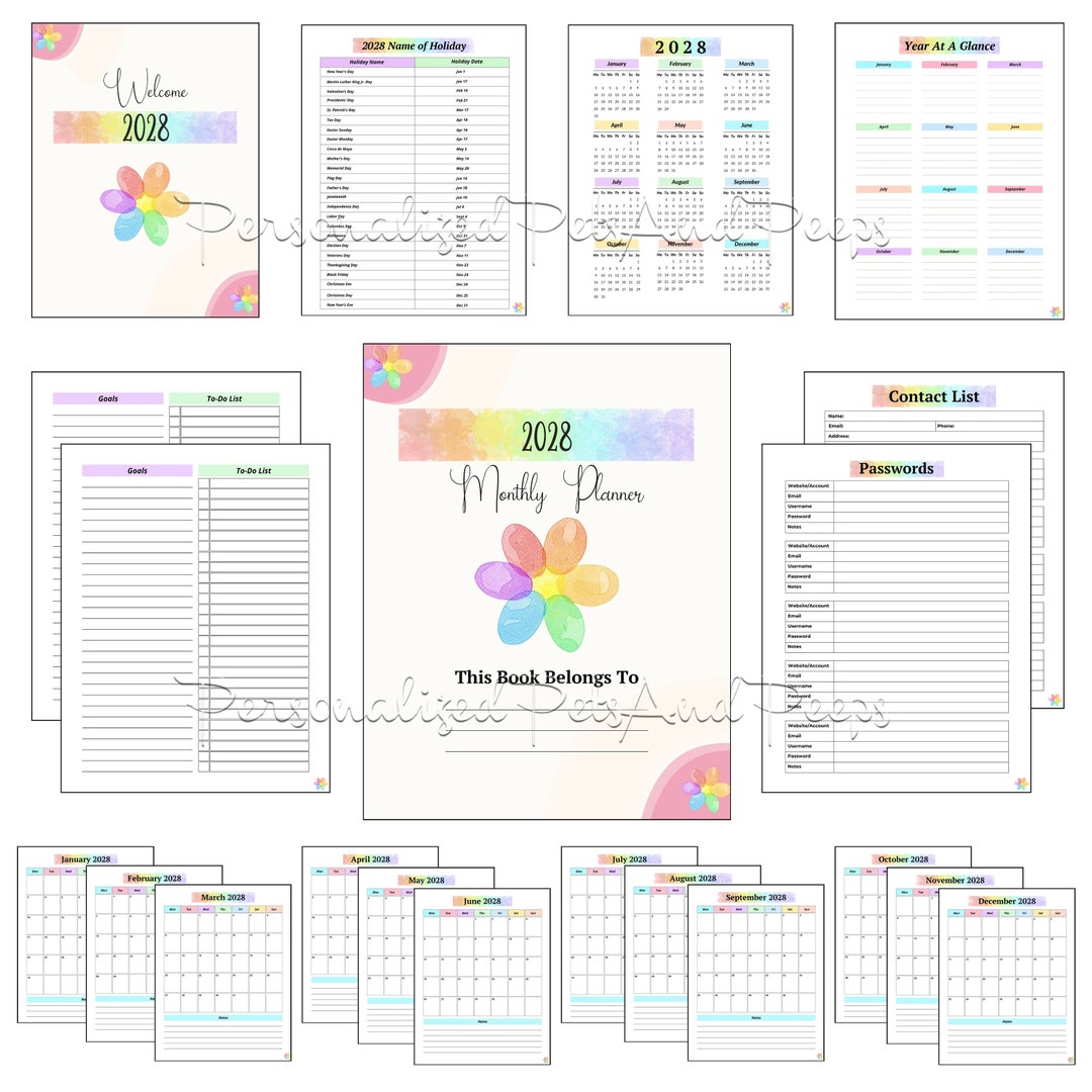 2028 Monthly Calendar Portrait Printable PDF BUNDLE, Monthly Organizer ...