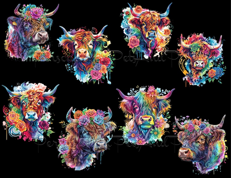 15 Rainbow Watercolor Highland Cow Clipart Bundle, Cute Cow PNG ...