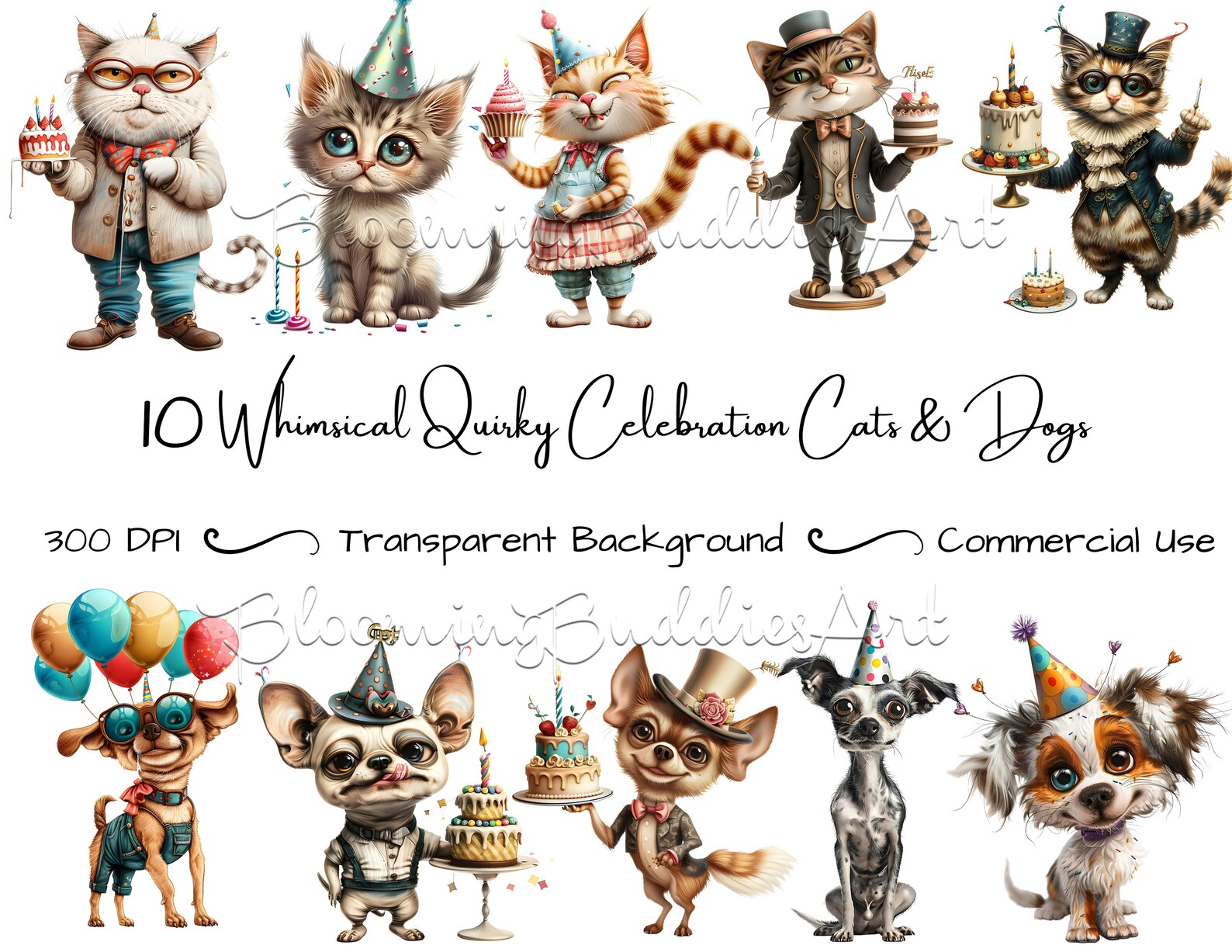 10 Whimsical Quirky Cat & Dog Clipart Bundle, Pets Birthday Celebration ...