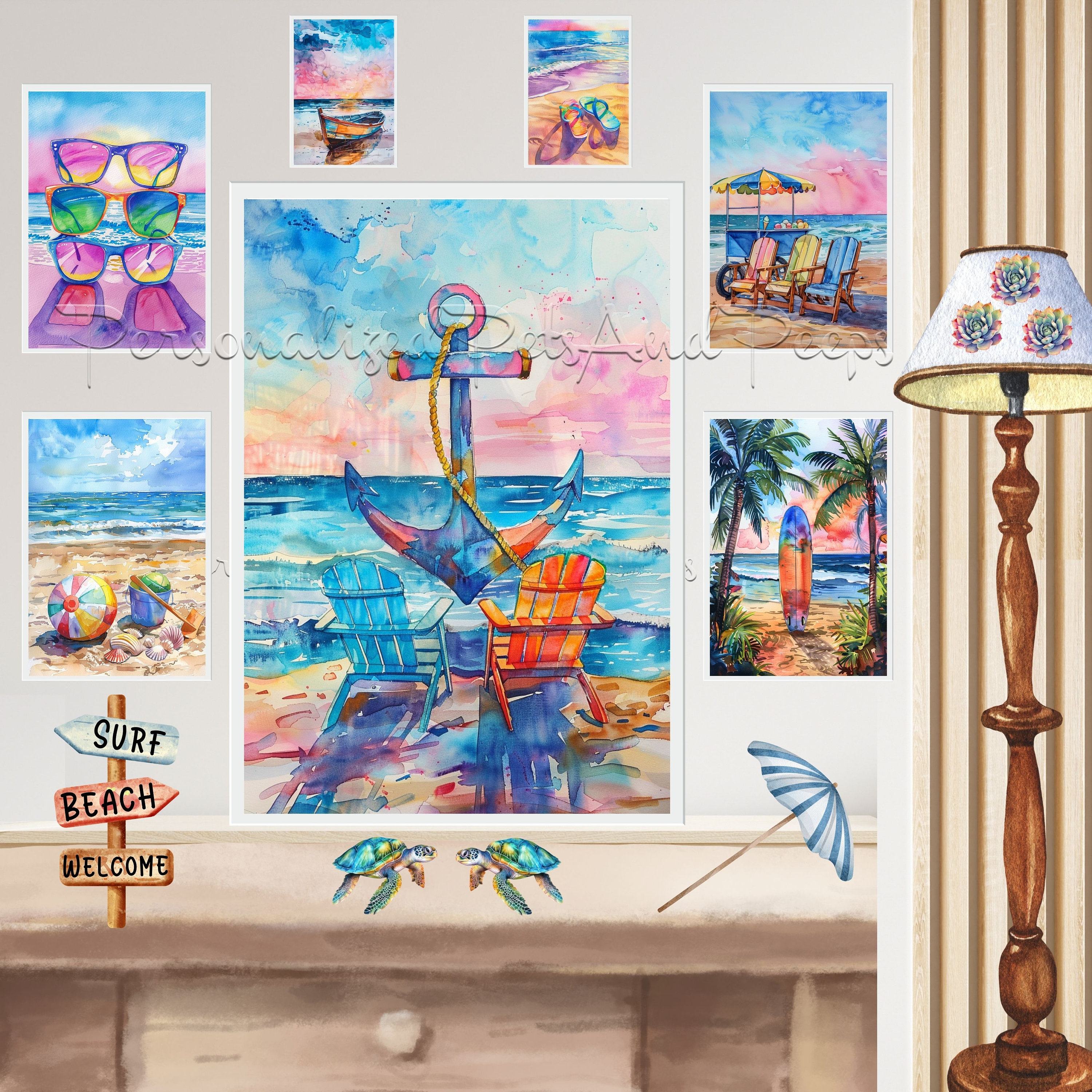 62 Beach Scene Art Watercolor Painting, Printable Wall Art, Instant ...