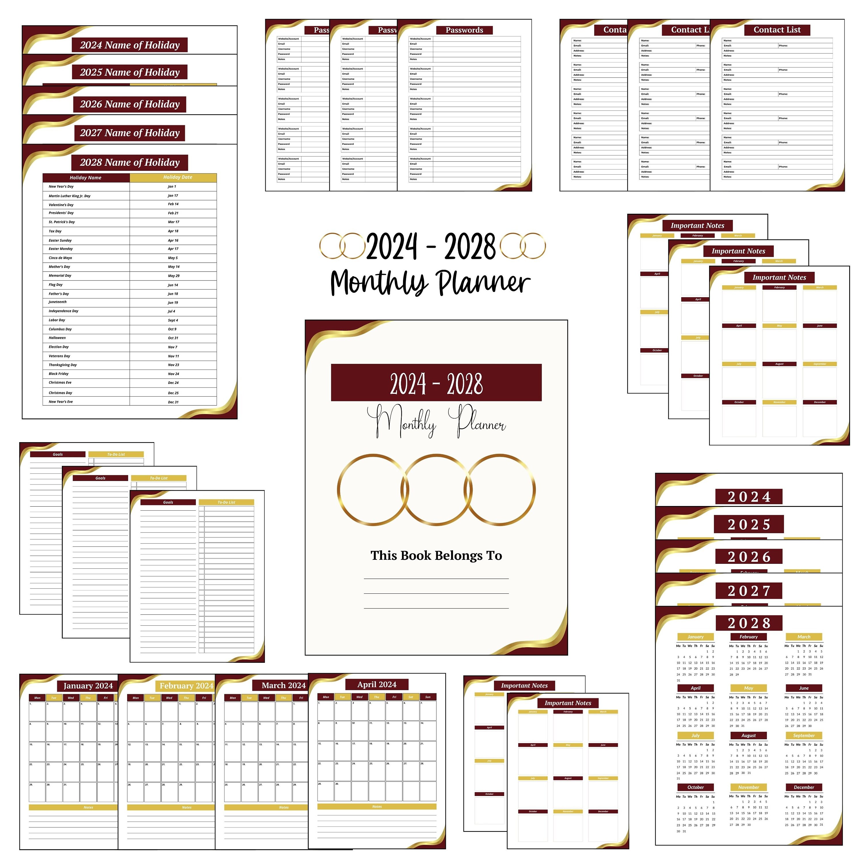 Red & Gold Monthly Planner Printable BUNDLE, Printable Calendar 2024 ...