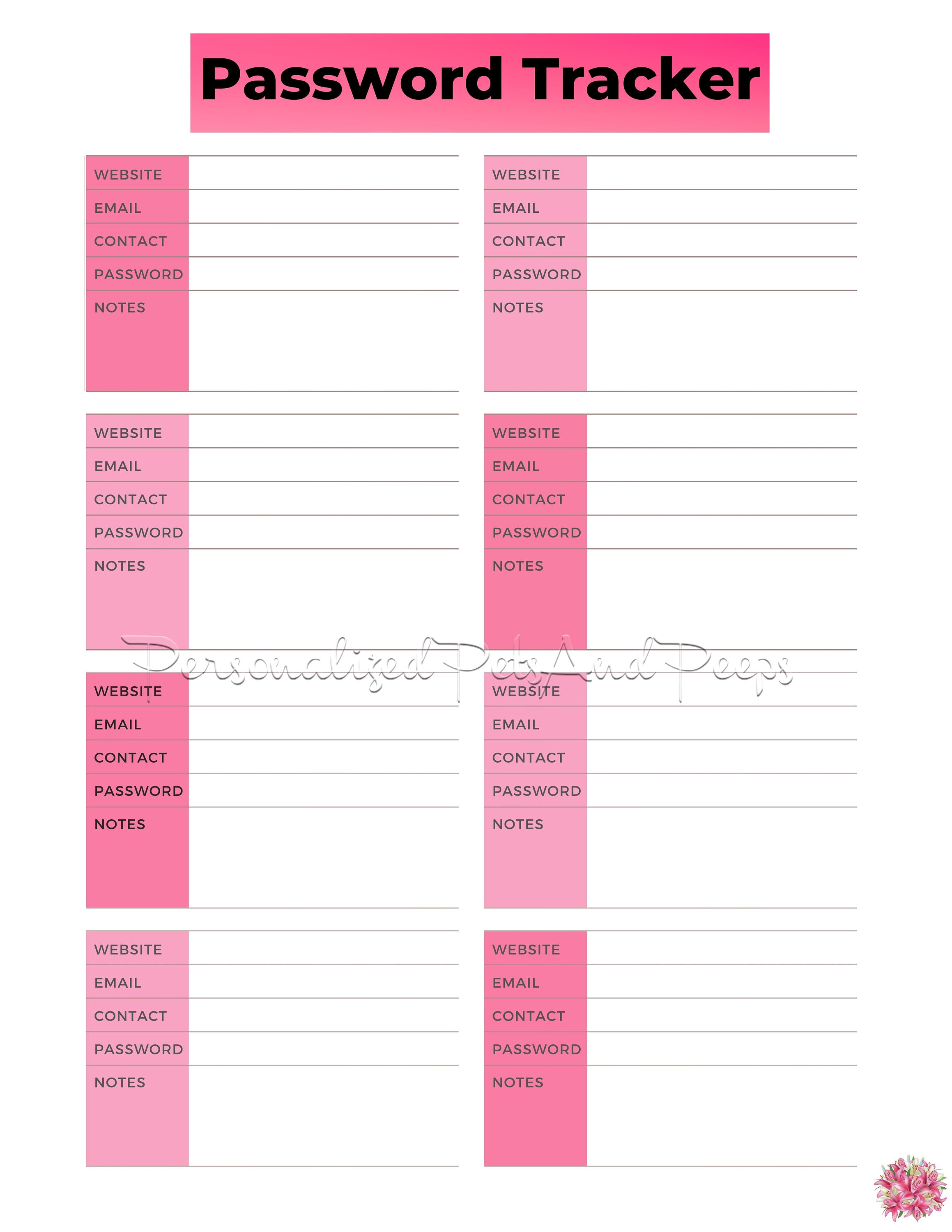 Pink Wildflower Password Tracker Printable PDF Bundle of 4, Instant ...