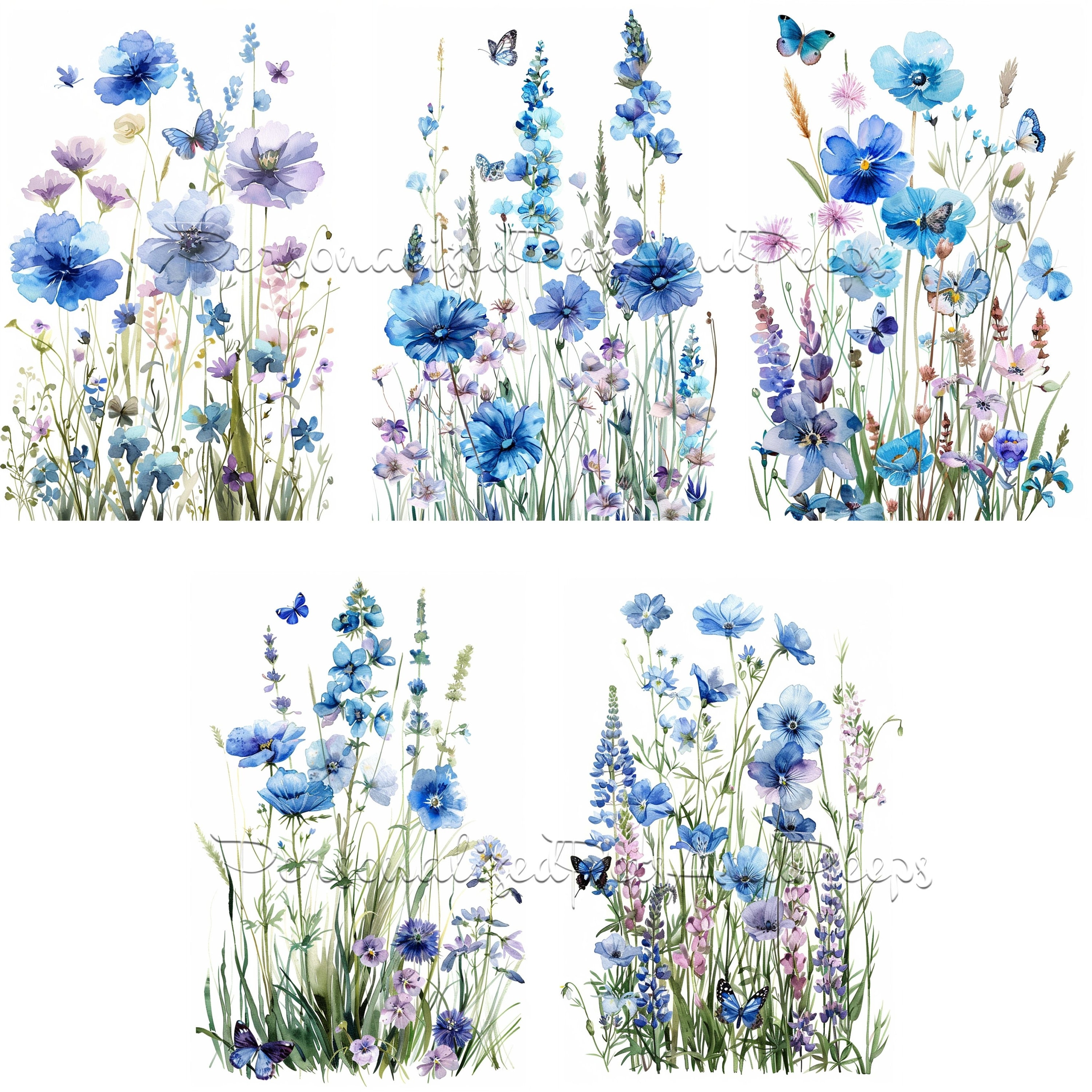 Watercolor Blue Wildflower Clipart Bundle of 20, Instant Download ...