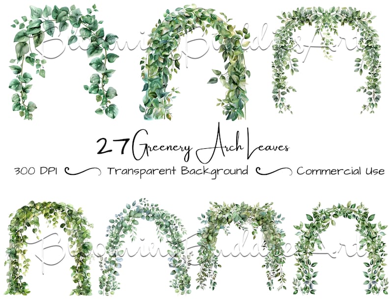27 Watercolor Arch Green Leaves PNG, Greenery Bundle, Foliage Clipart ...