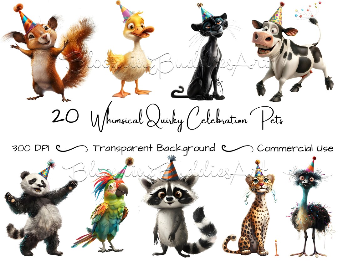 Whimsical Quirky Pets Clipart Bundle of 20, Pets Birthday Celebration ...