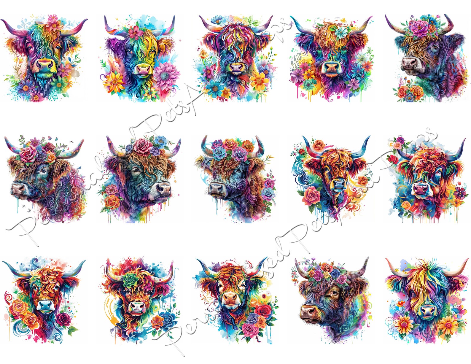 15 Rainbow Watercolor Highland Cow Clipart Bundle, Cute Cow PNG ...