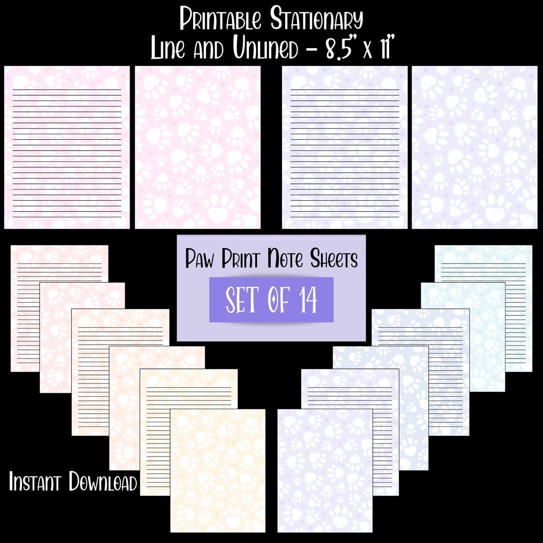 Dog Paw Print Note Sheets, Printable Stationary Line and Unlined 8.5 ...