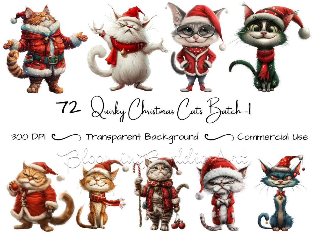 72 Quirky Christmas Cats Clipart Bundle, Quirky Kitten With Santa Hat ...