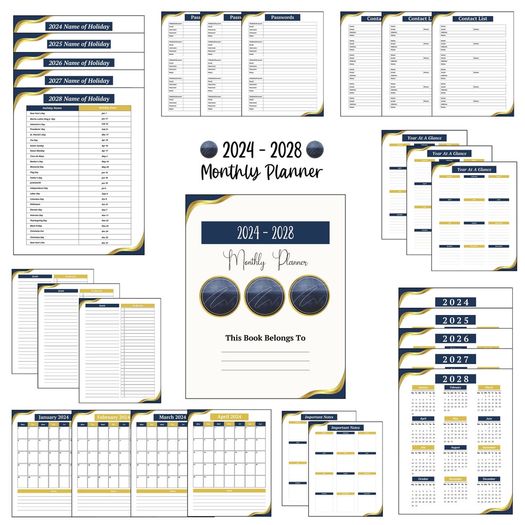 2024 2025 2026 Navy & Gold Monthly Planner Printable BUNDLE, Monthly ...