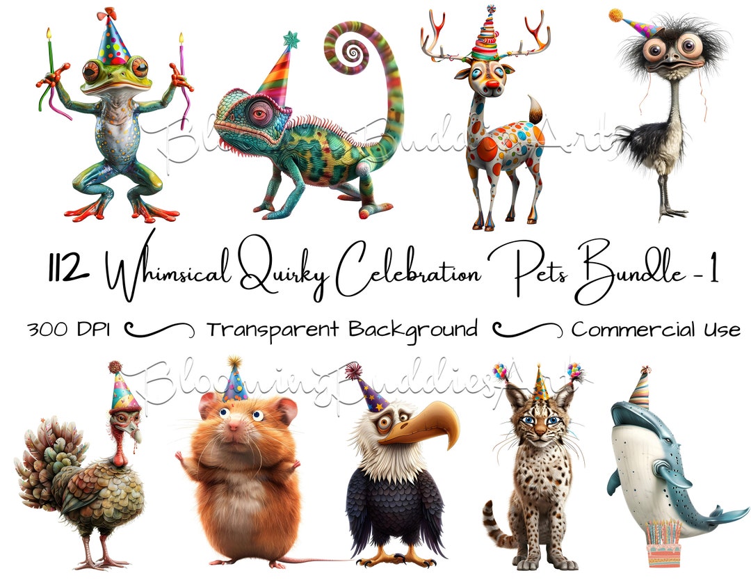 112 Whimsical Quirky Pets Clipart Bundle, Pets Birthday Celebration ...