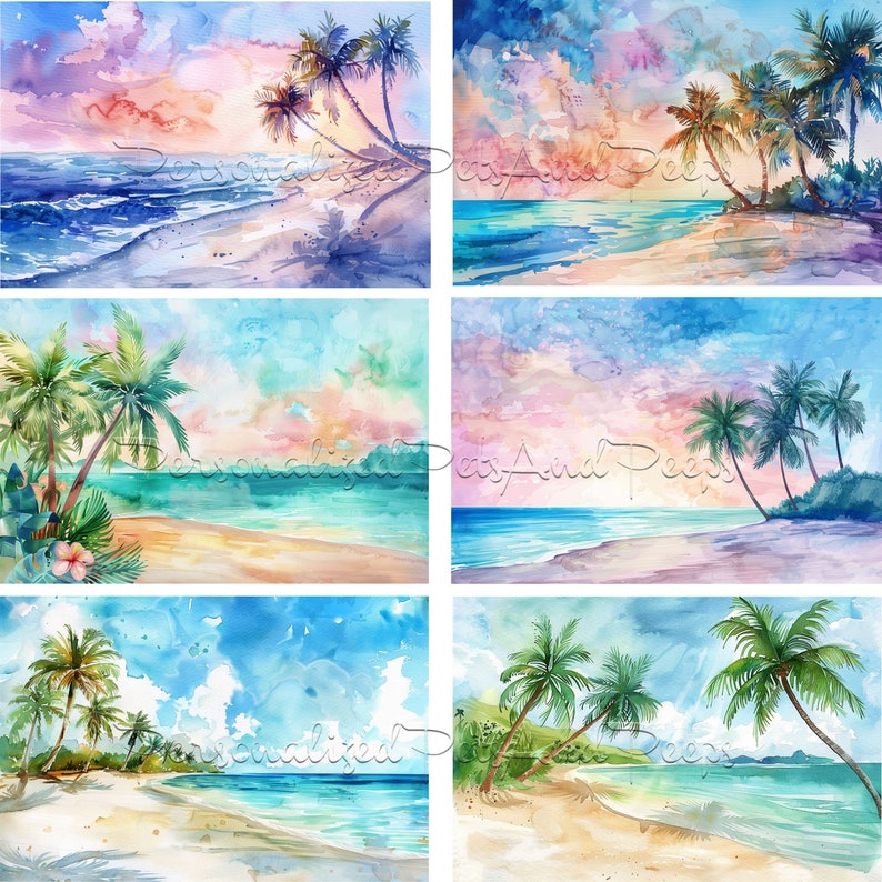 Watercolor Tropical Scene Printable Portraits Bundle, Palm Tree Posters ...