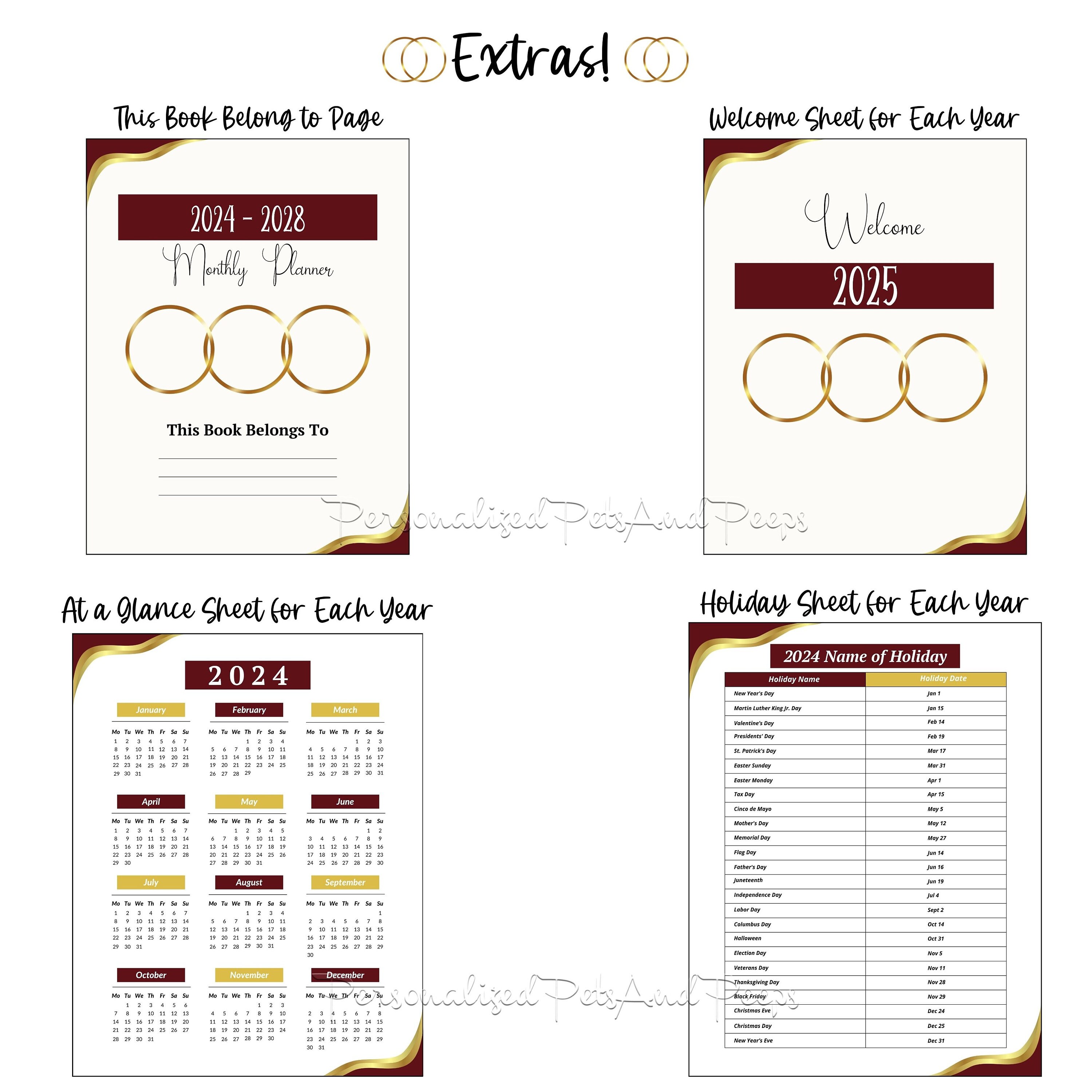 Red & Gold Monthly Planner Printable BUNDLE, Printable Calendar 2024 ...