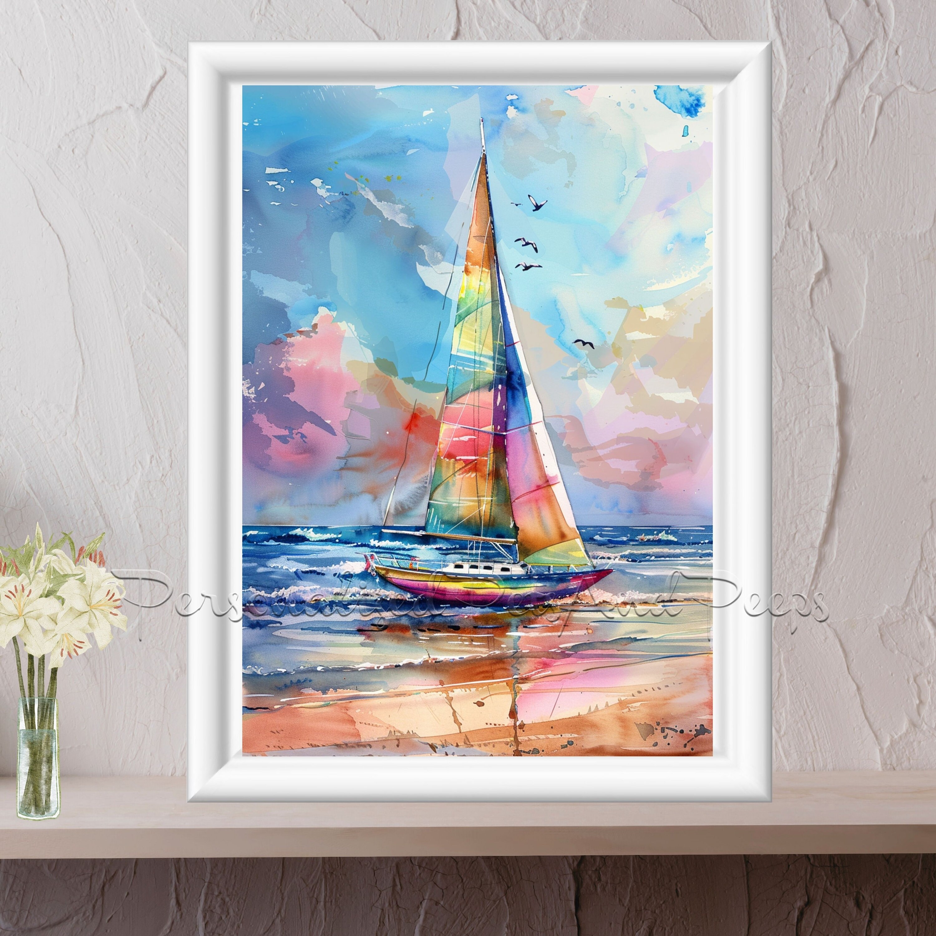 62 Beach Scene Art Watercolor Painting, Printable Wall Art, Instant ...
