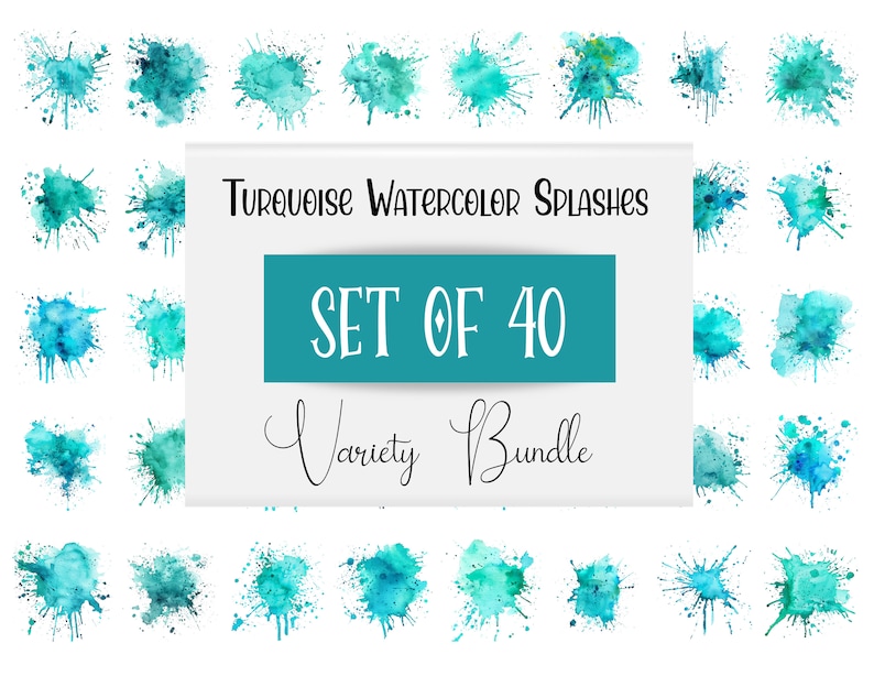 40 Turquoise Watercolor Splashes, Splatter Clipart Bundle, Transparent ...