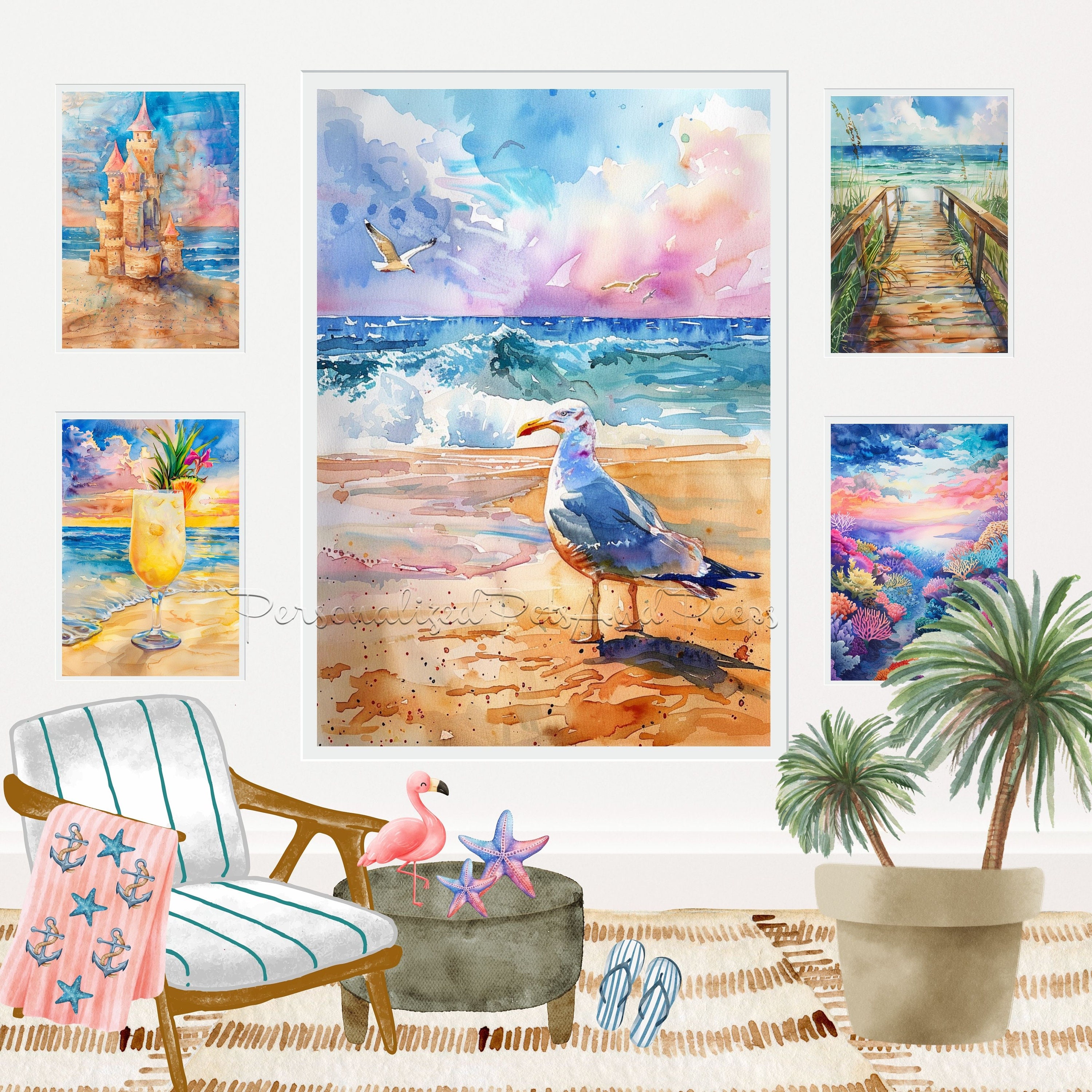 62 Beach Scene Art Watercolor Painting, Printable Wall Art, Instant ...
