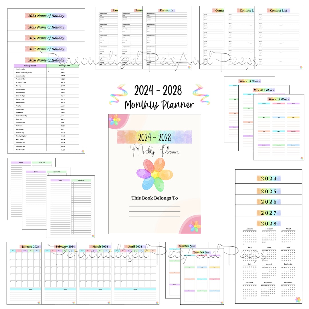 2024-2028 Yearly Monthly Calendar Printable BUNDLE, Monthly Planner ...