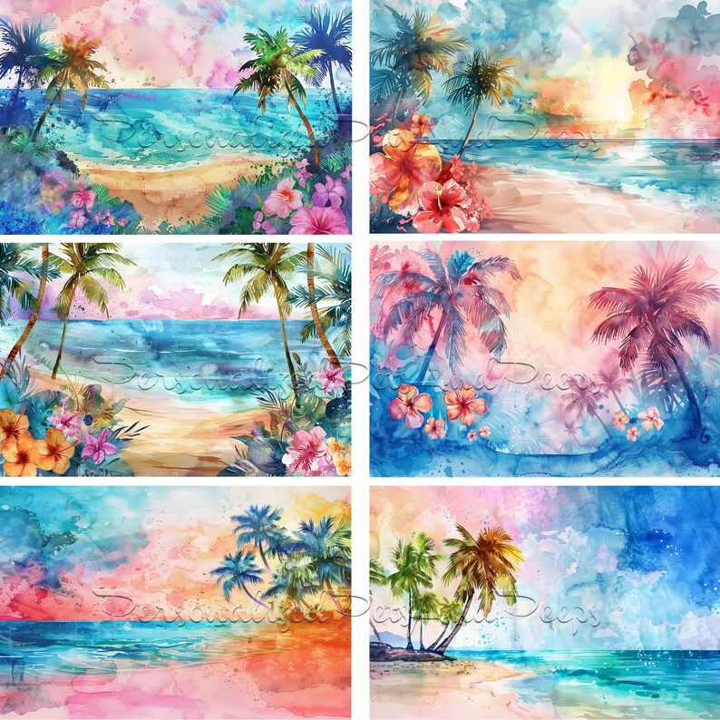 Watercolor Tropical Scene Printable Portraits Bundle, Palm Tree Posters ...