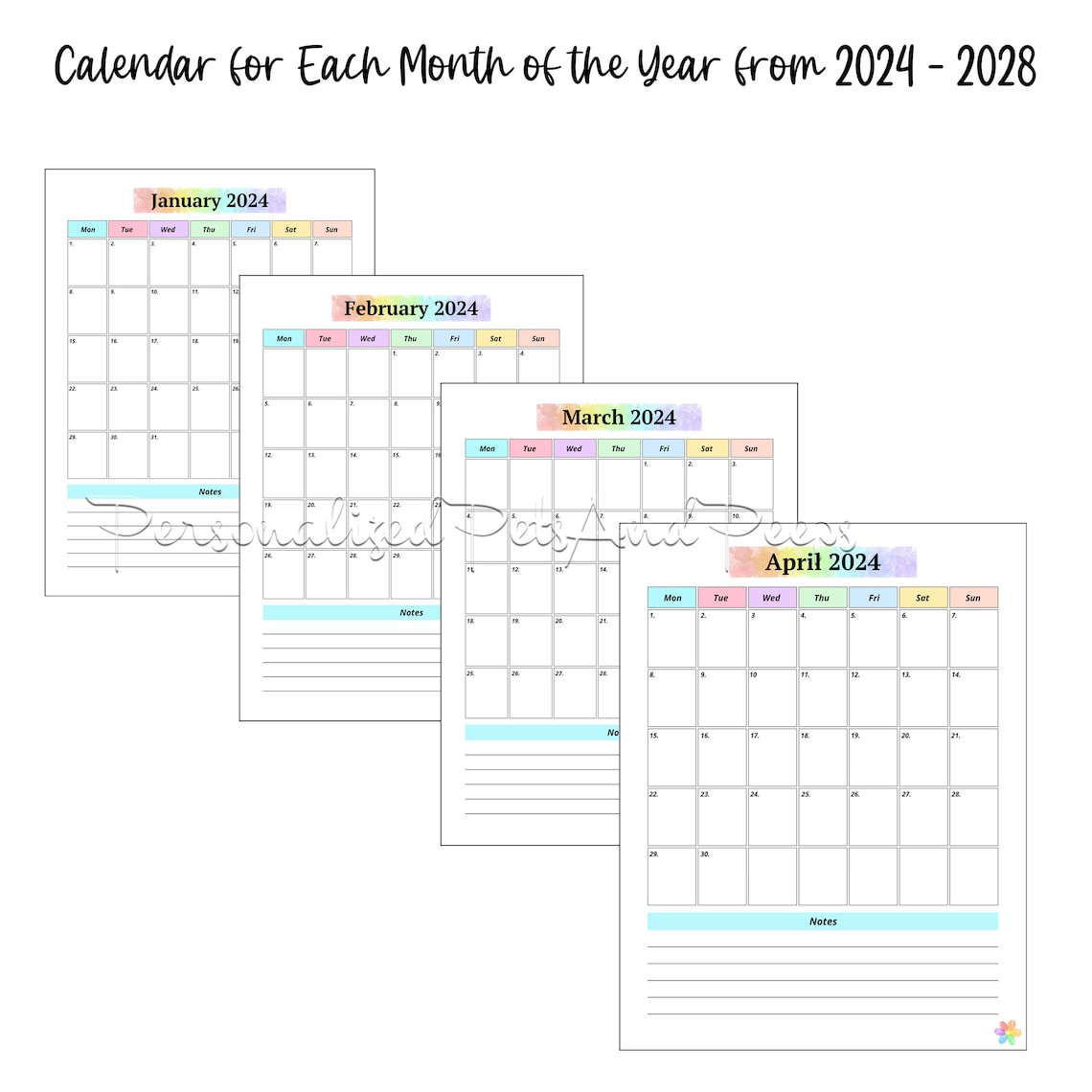 2024-2028 Yearly Monthly Calendar Printable BUNDLE, Monthly Planner ...